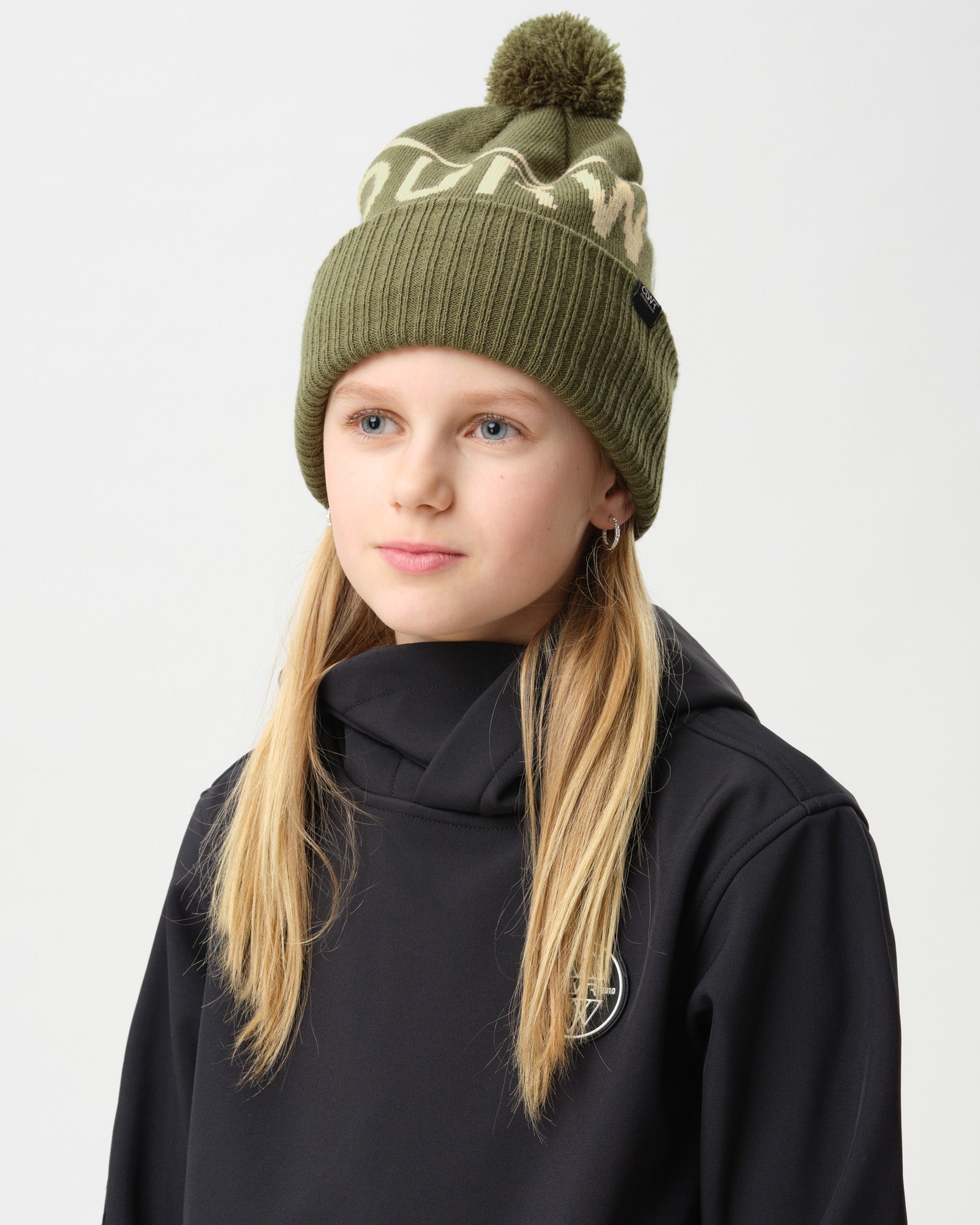 Junior Fluffball Beanie – Olive Green | Ski & Snow Knit Hat – Colourwear